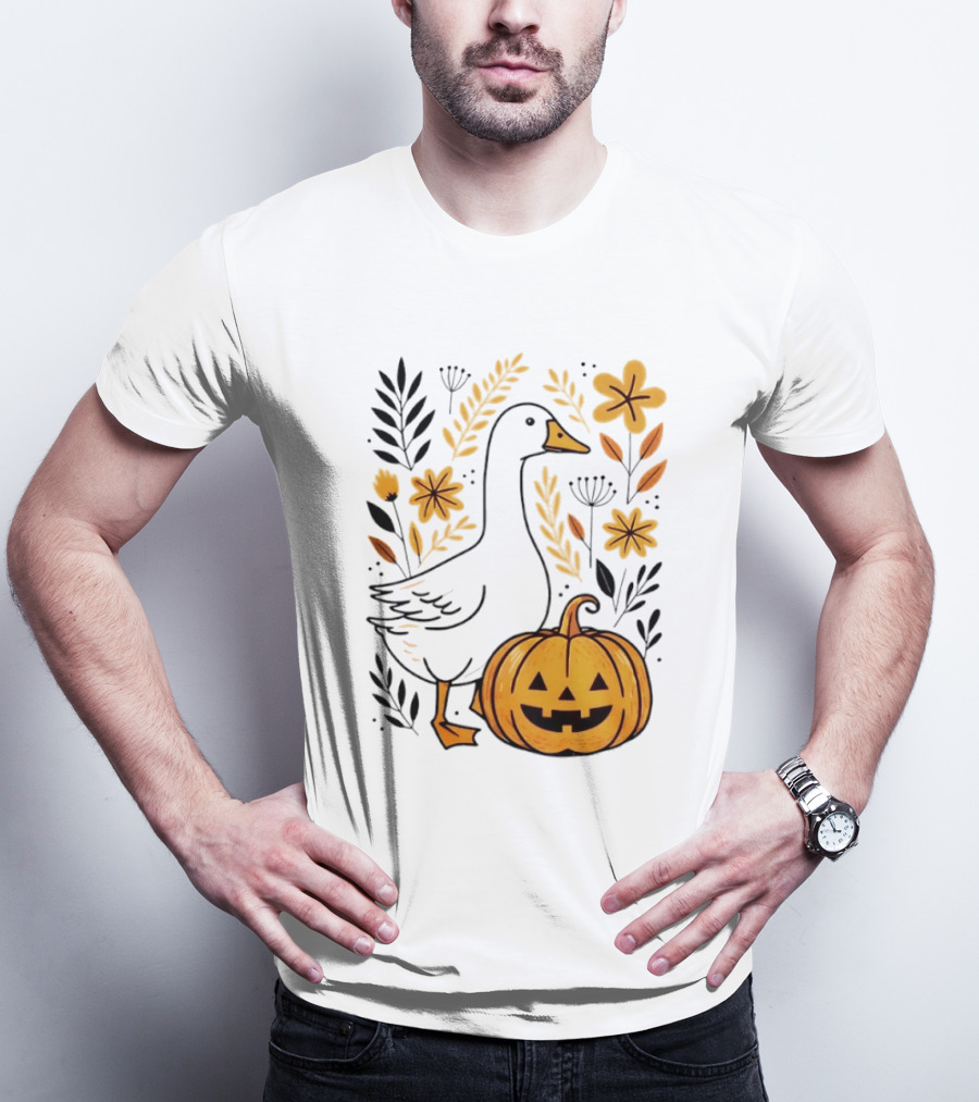 Pumpkin Jack O Lantern Goose Fall Farmhouse Floral Halloween T-Shirt