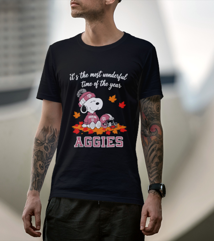 Snoopy It's The Most Wonderful Time Of The Year Texas A&M Aggies Autumn Leaves T-Shirt