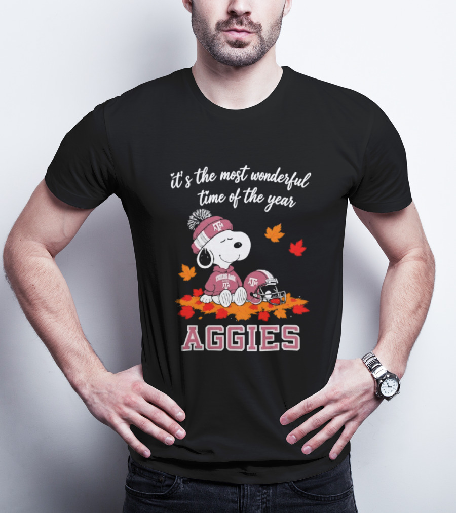 Snoopy It's The Most Wonderful Time Of The Year Texas A&M Aggies Autumn Leaves T-Shirt