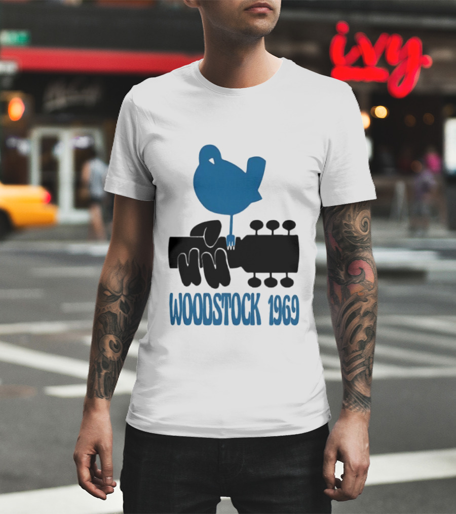 Woodstock 1969 Music Festival Bird On Guitar Neck T-Shirt