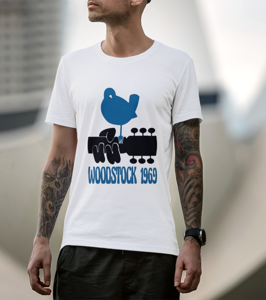 Woodstock 1969 Music Festival Bird On Guitar Neck T-Shirt