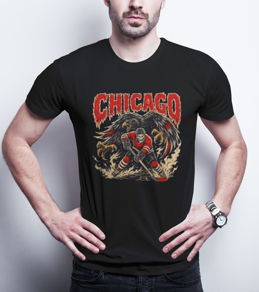 Chicago Blackhawks Skeleton Hockey Player With Hawk Wings T-Shirt
