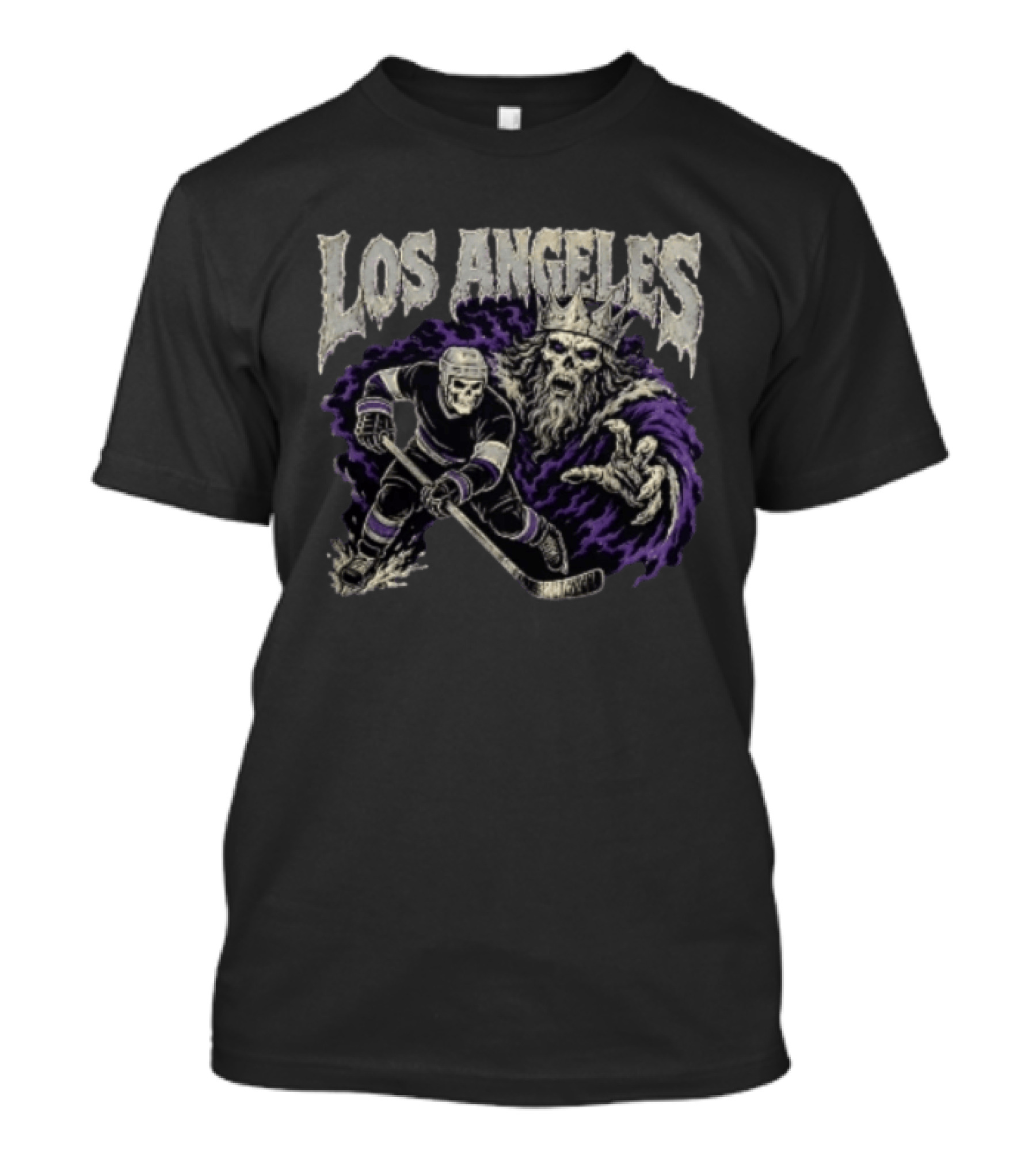 Los Angeles Kings Skeleton Hockey Player With Crowned King In Purple Cloak T-Shirt