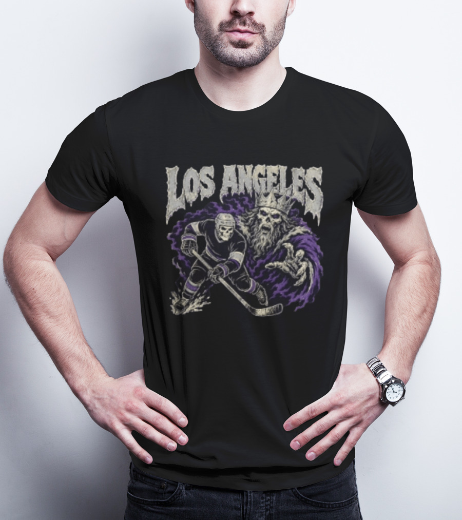 Los Angeles Kings Skeleton Hockey Player With Crowned King In Purple Cloak T-Shirt