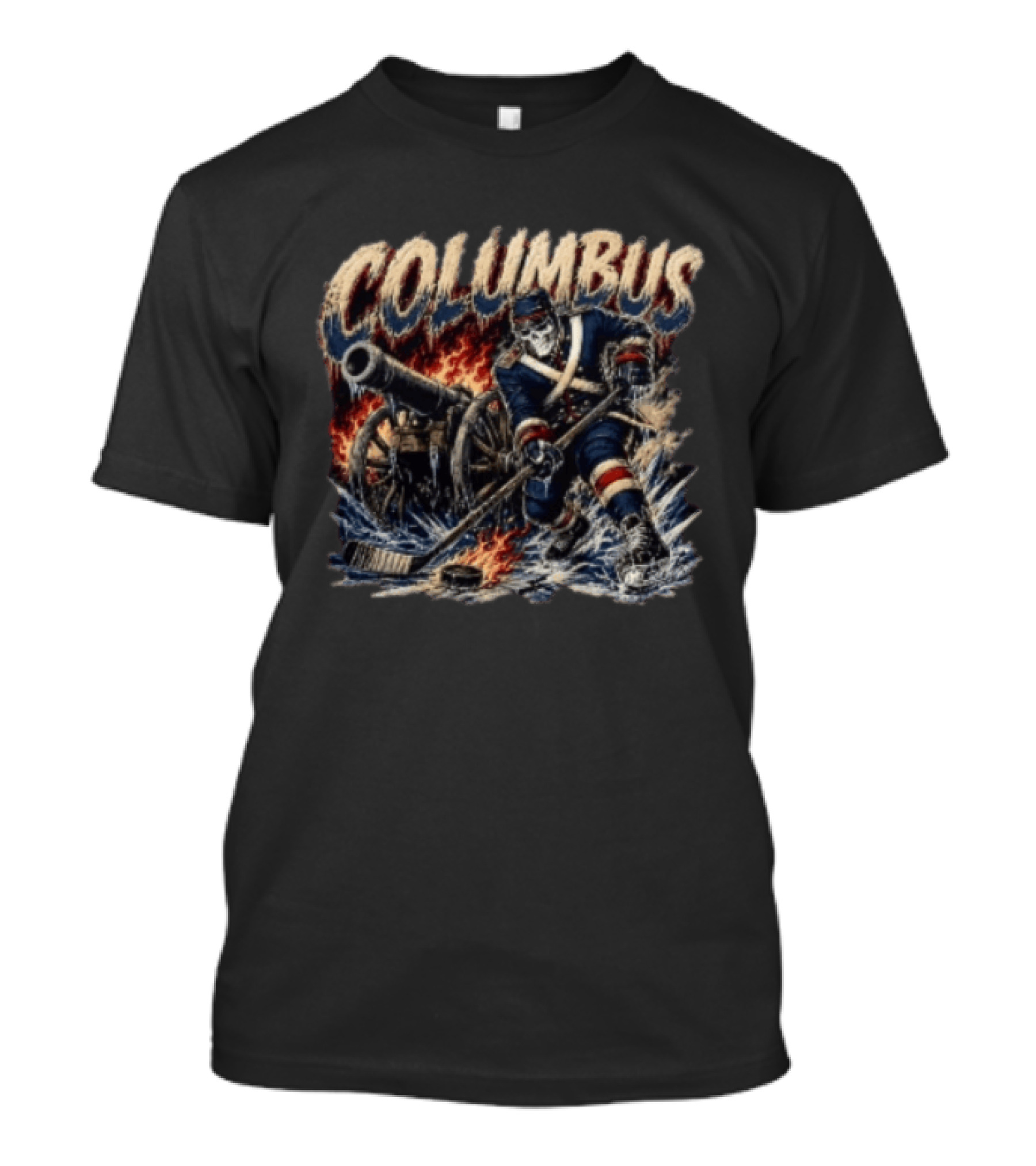 Columbus Blue Jackets Skeleton Hockey Player With Cannon And Ice T-Shirt