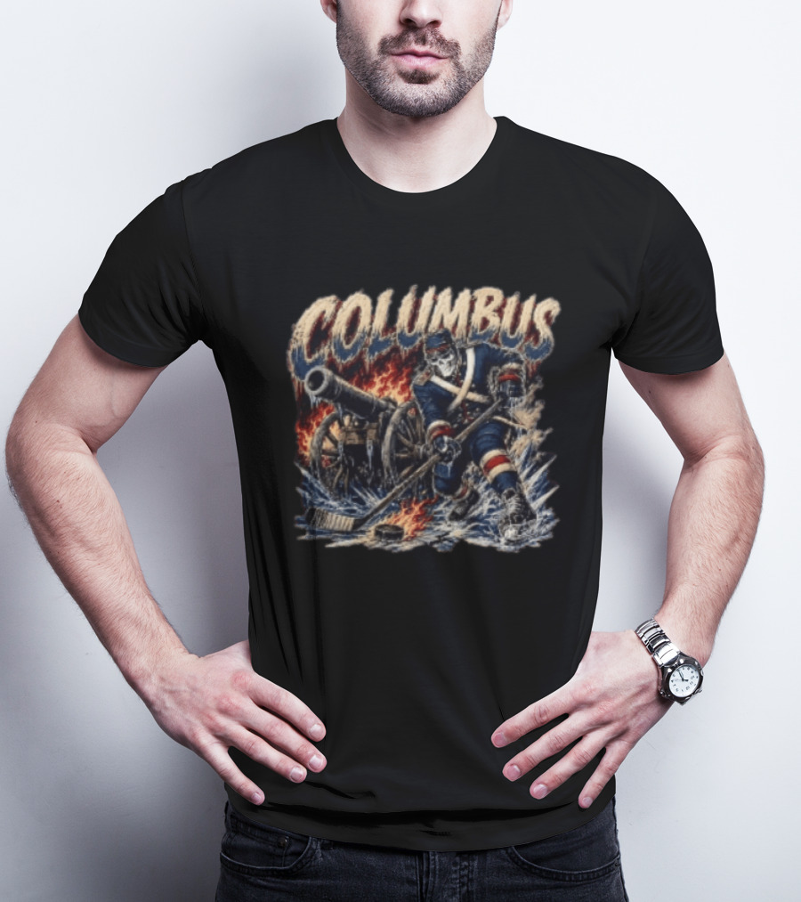 Columbus Blue Jackets Skeleton Hockey Player With Cannon And Ice T-Shirt