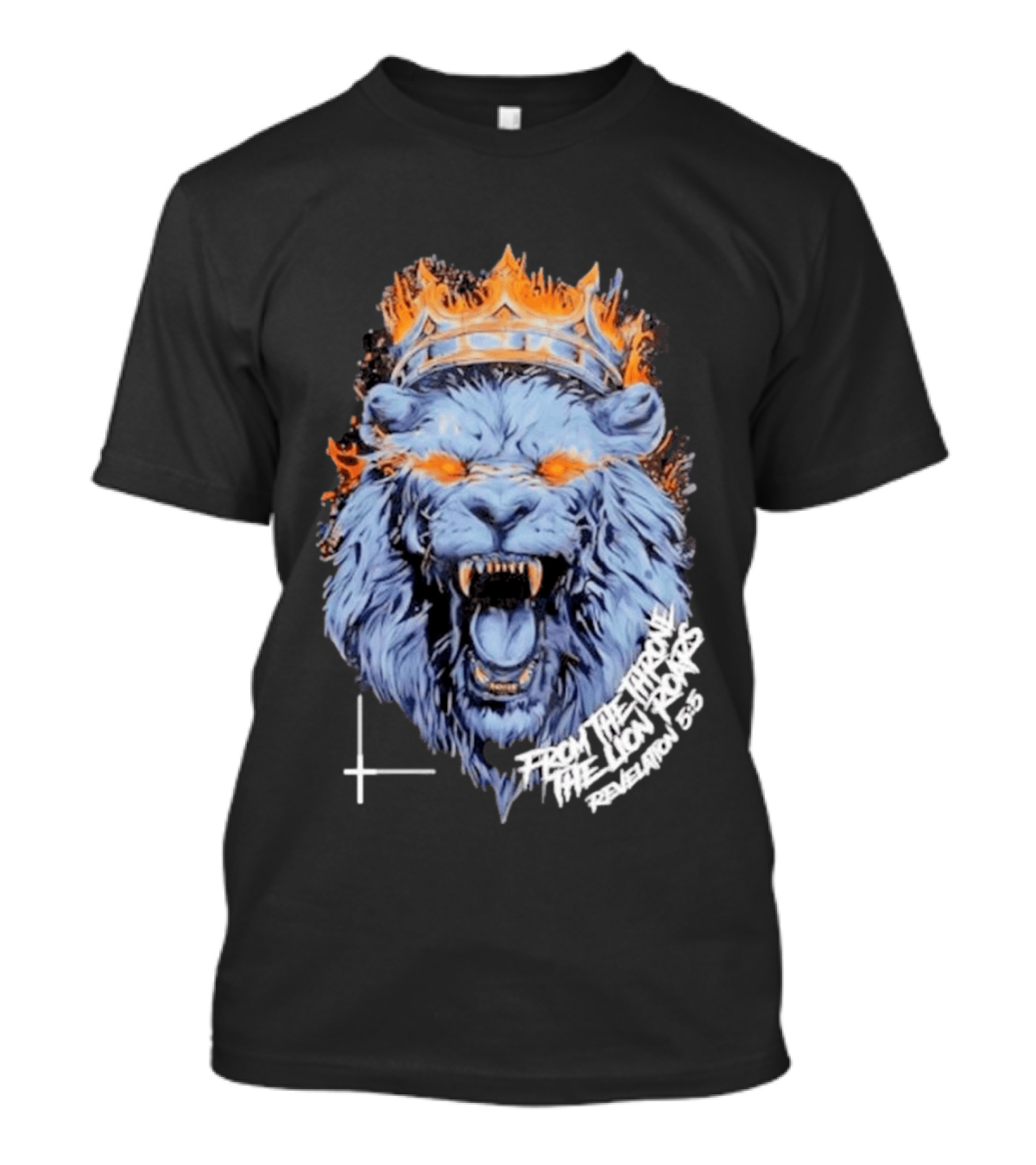 From The Throne The Lion Roars Revelation 5 5 Blue Flame Crown Lionhead T-Shirt