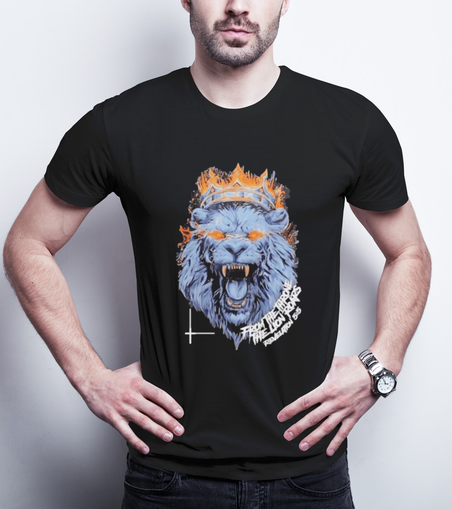 From The Throne The Lion Roars Revelation 5 5 Blue Flame Crown Lionhead T-Shirt