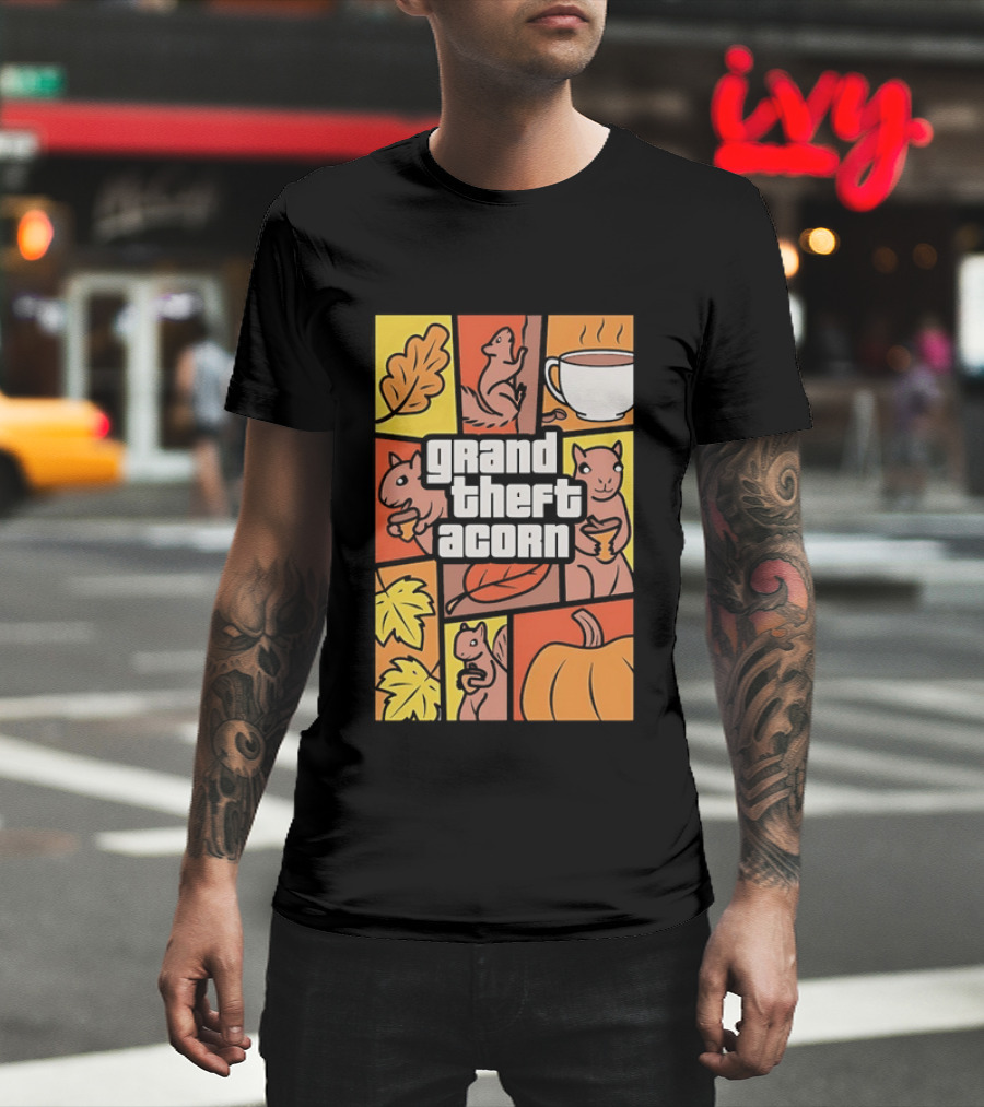 Grand Theft Acorn Autumn Squirrel Coffee Pumpkin Leaves T-Shirt