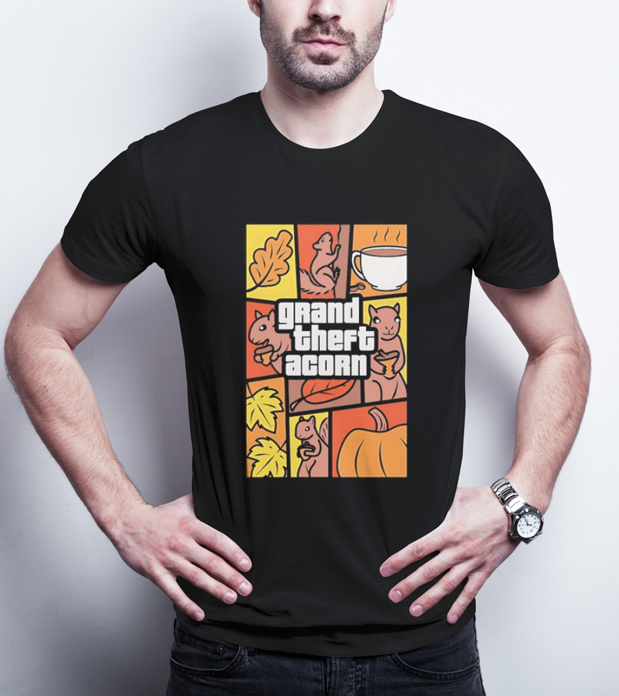 Grand Theft Acorn Autumn Squirrel Coffee Pumpkin Leaves T-Shirt