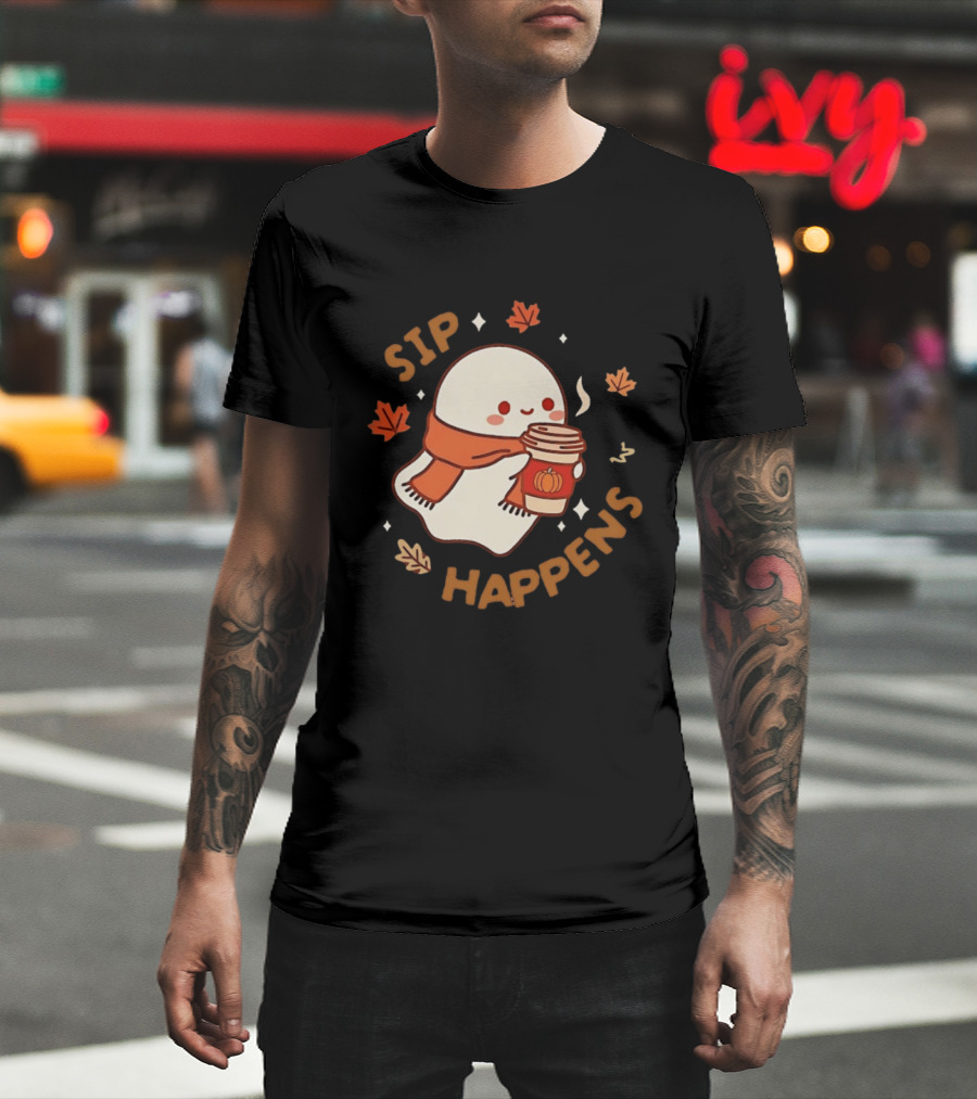 Sip Happens Ghost Pumpkin Spice Latte With Leaves And Scarf T-Shirt