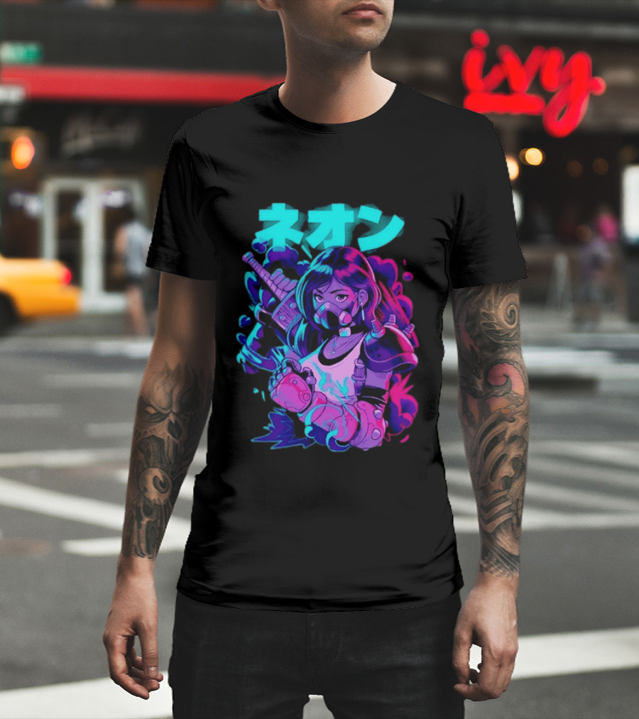 Neon Cyberpunk Anime Warrior Girl Futuristic Vaporwave Aesthetic T-Shirt