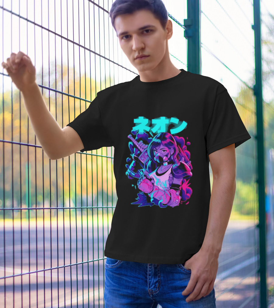 Neon Cyberpunk Anime Warrior Girl Futuristic Vaporwave Aesthetic T-Shirt