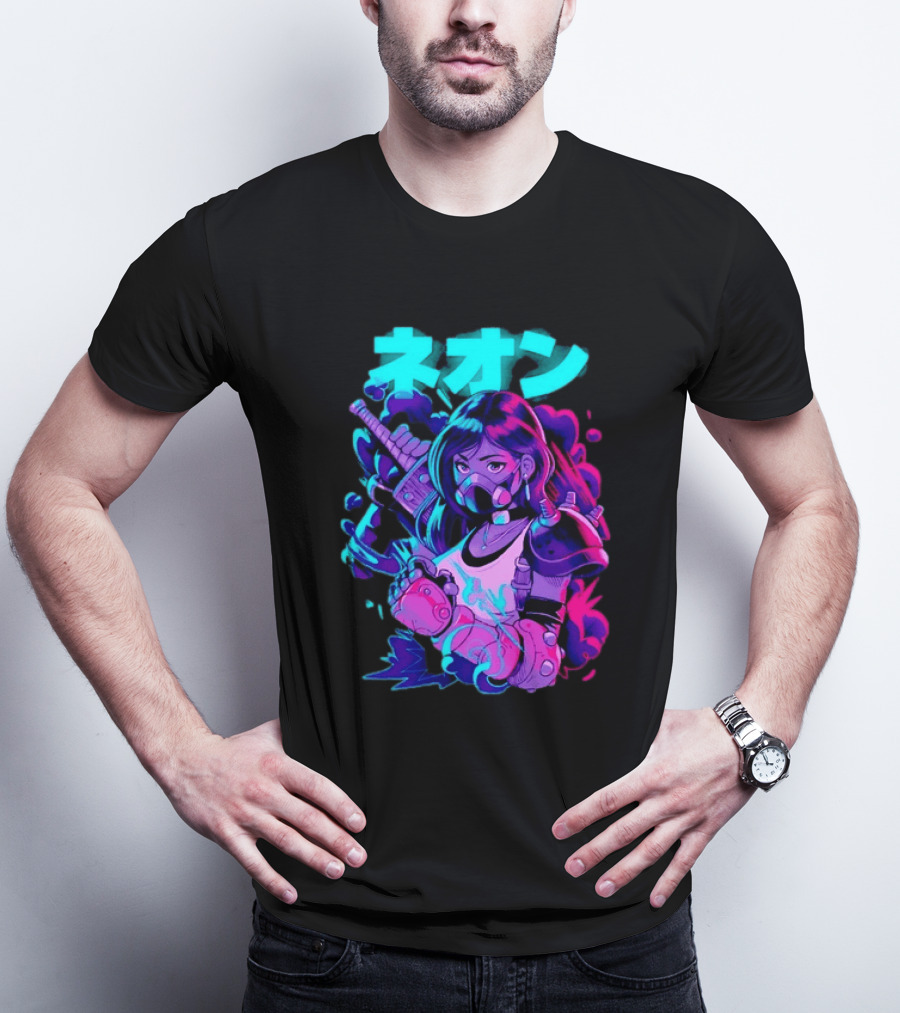 Neon Cyberpunk Anime Warrior Girl Futuristic Vaporwave Aesthetic T-Shirt