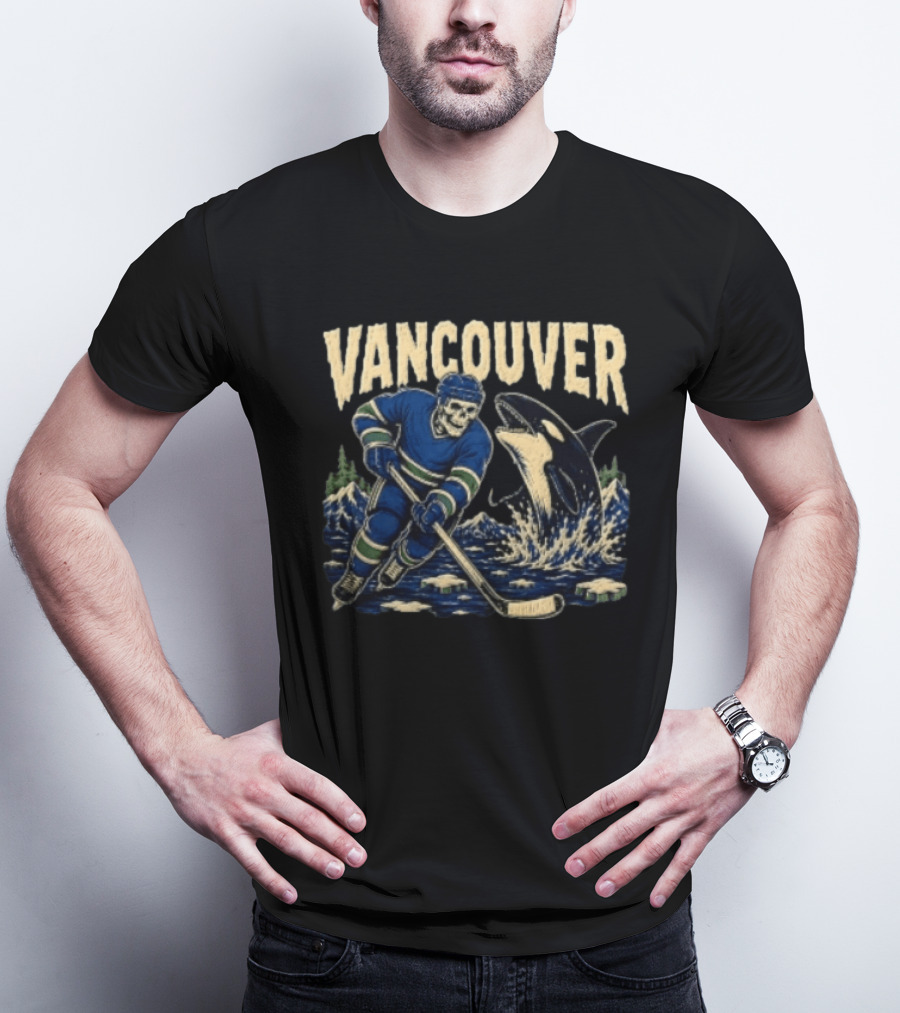 Vancouver Canucks Hockey Skeleton Player With Orca T-Shirt
