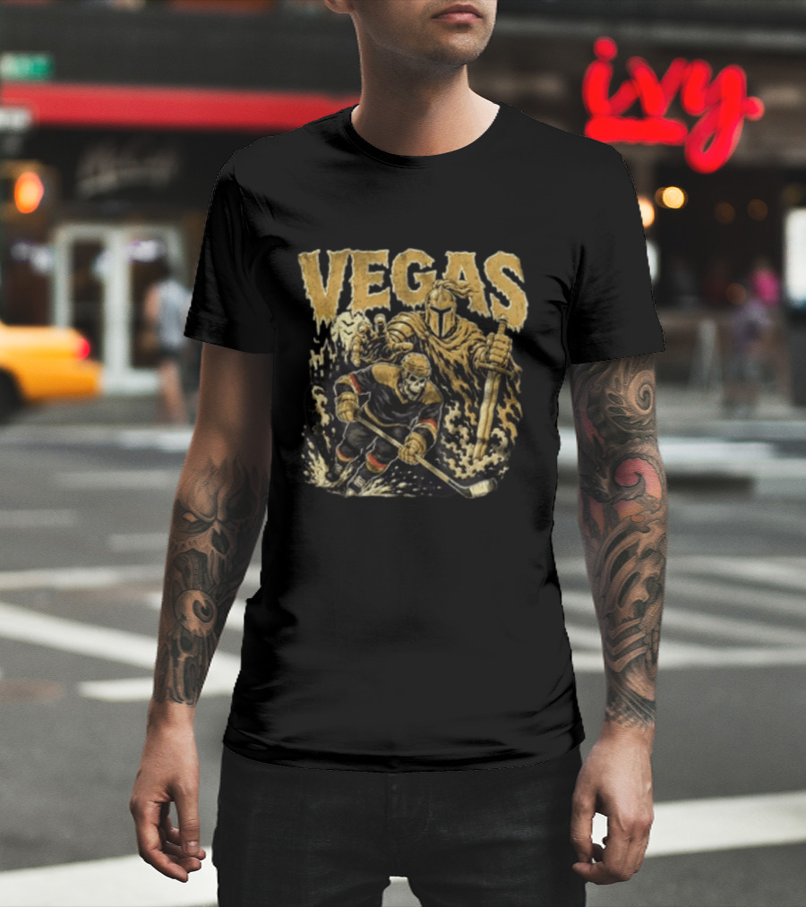 Vegas Golden Knights Skeleton Hockey Player With Knight And Sword T-Shirt