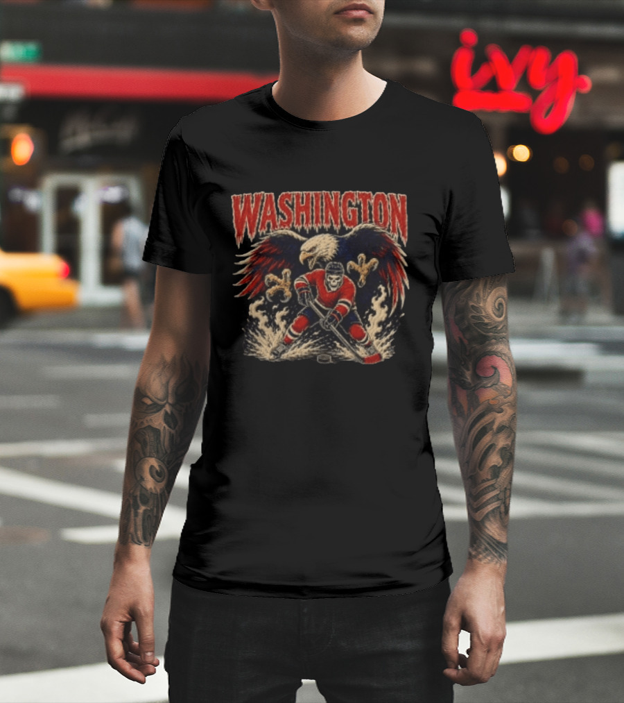 Washington Capitals Skeleton Hockey Player With Eagle T-Shirt