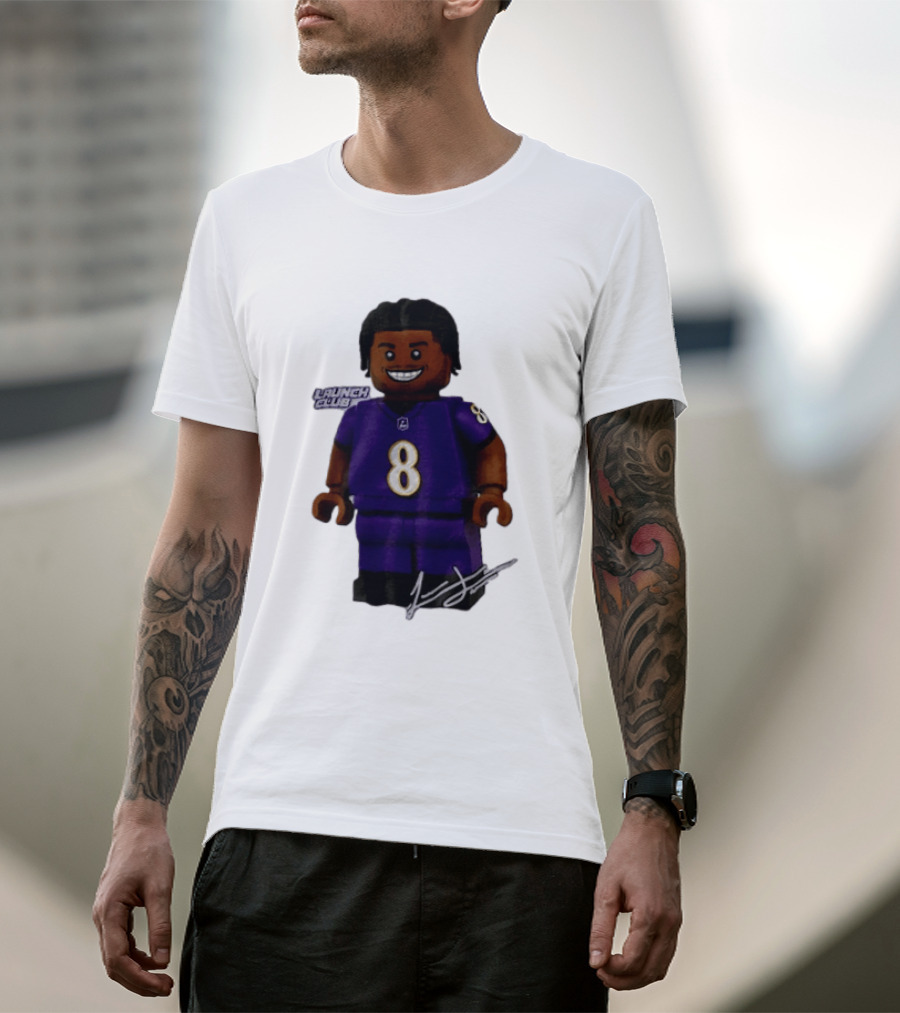 Baltimore Ravens Lamar Jackson Lego Minifigure Purple Jersey Number 8 T-Shirt