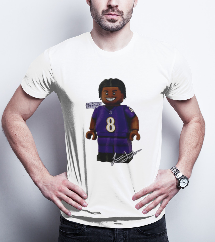 Baltimore Ravens Lamar Jackson Lego Minifigure Purple Jersey Number 8 T-Shirt