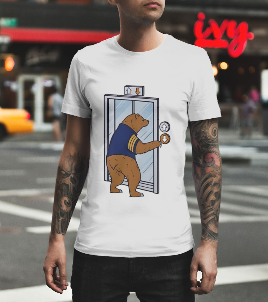 Bear In Blue Jacket Pressing Elevator Down Button T-Shirt