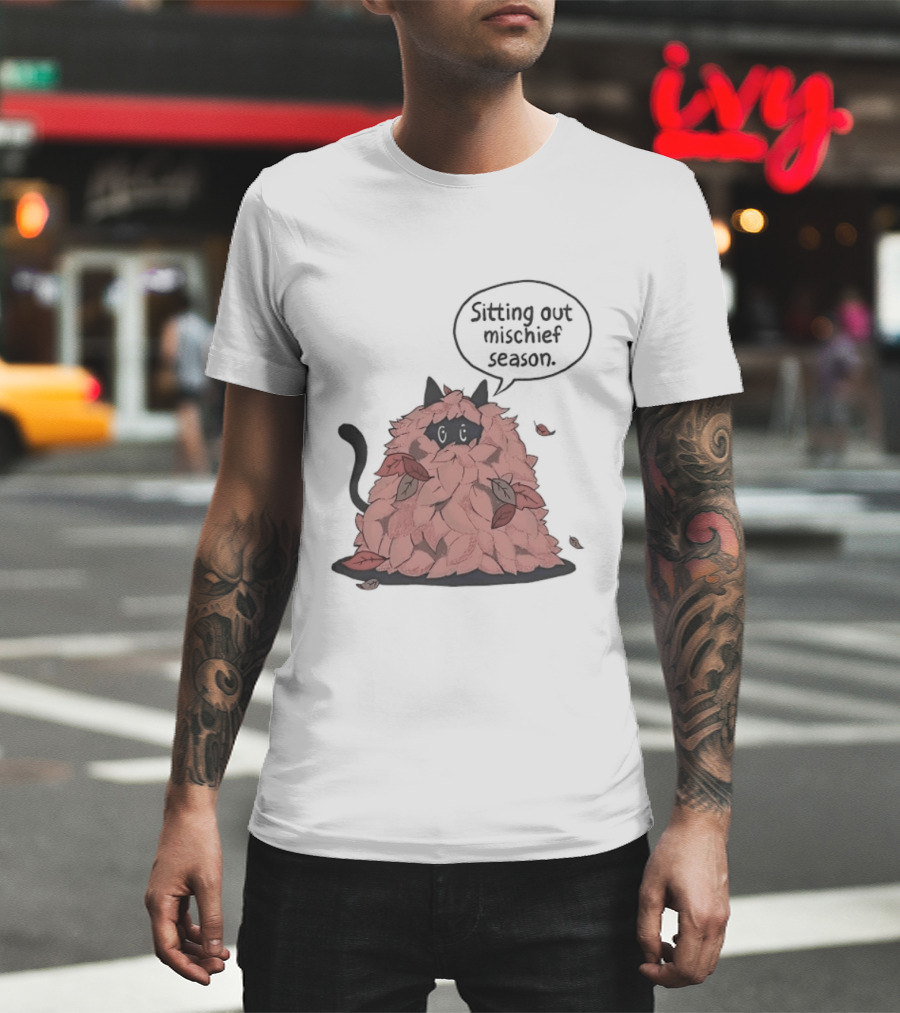 Sitting Out Mischief Season Cat Autumn Leaves T-Shirt