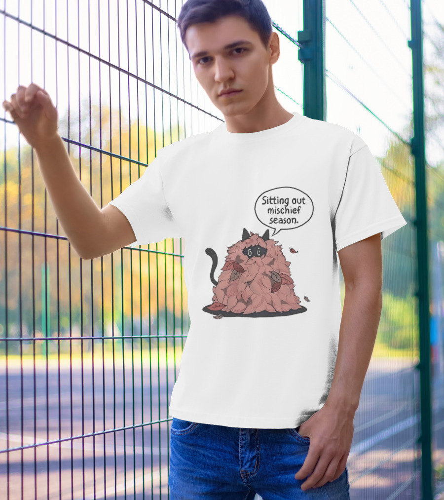 Sitting Out Mischief Season Cat Autumn Leaves T-Shirt
