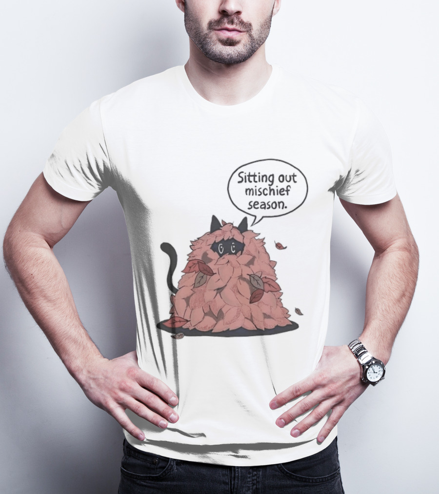 Sitting Out Mischief Season Cat Autumn Leaves T-Shirt