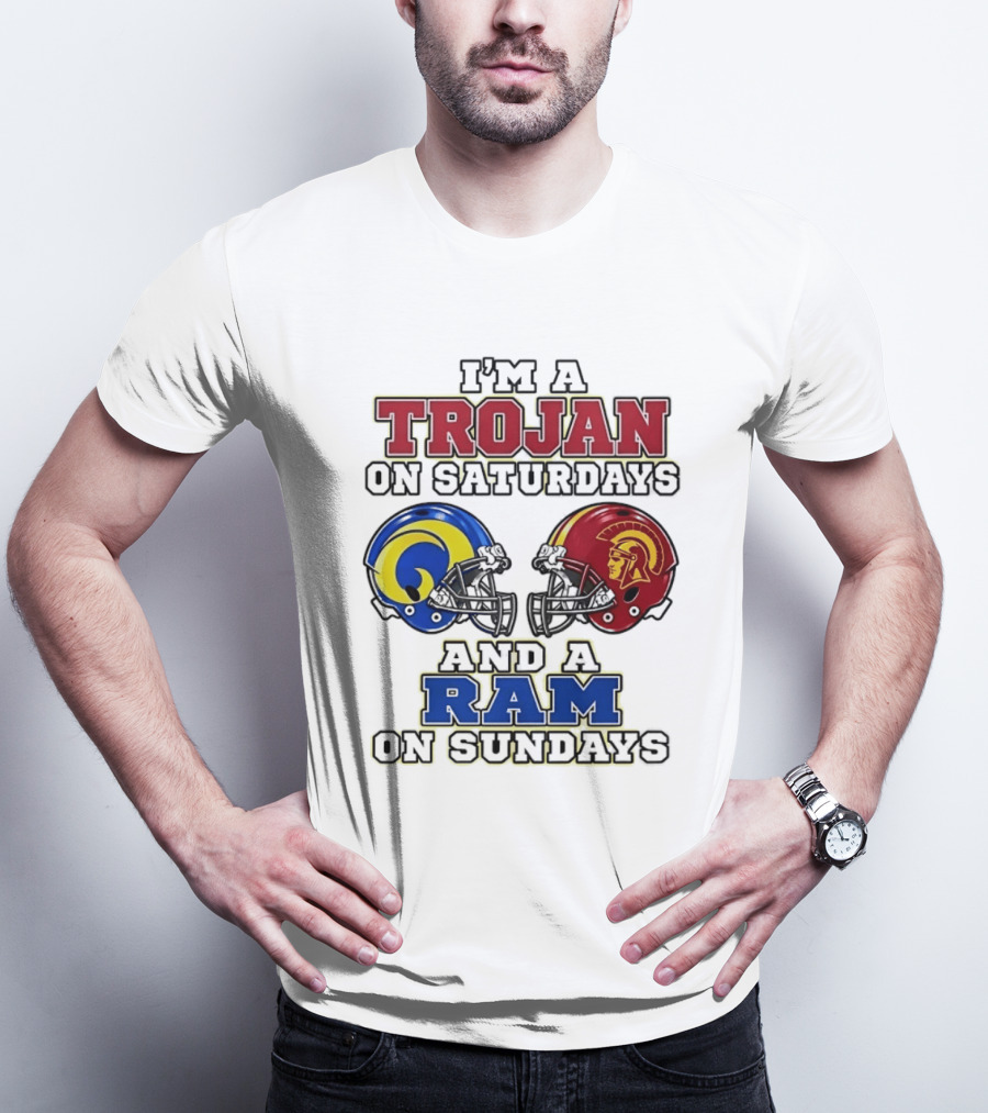 Trojan On Saturdays USC And Ram On Sundays Football Fan Helmet T-Shirt