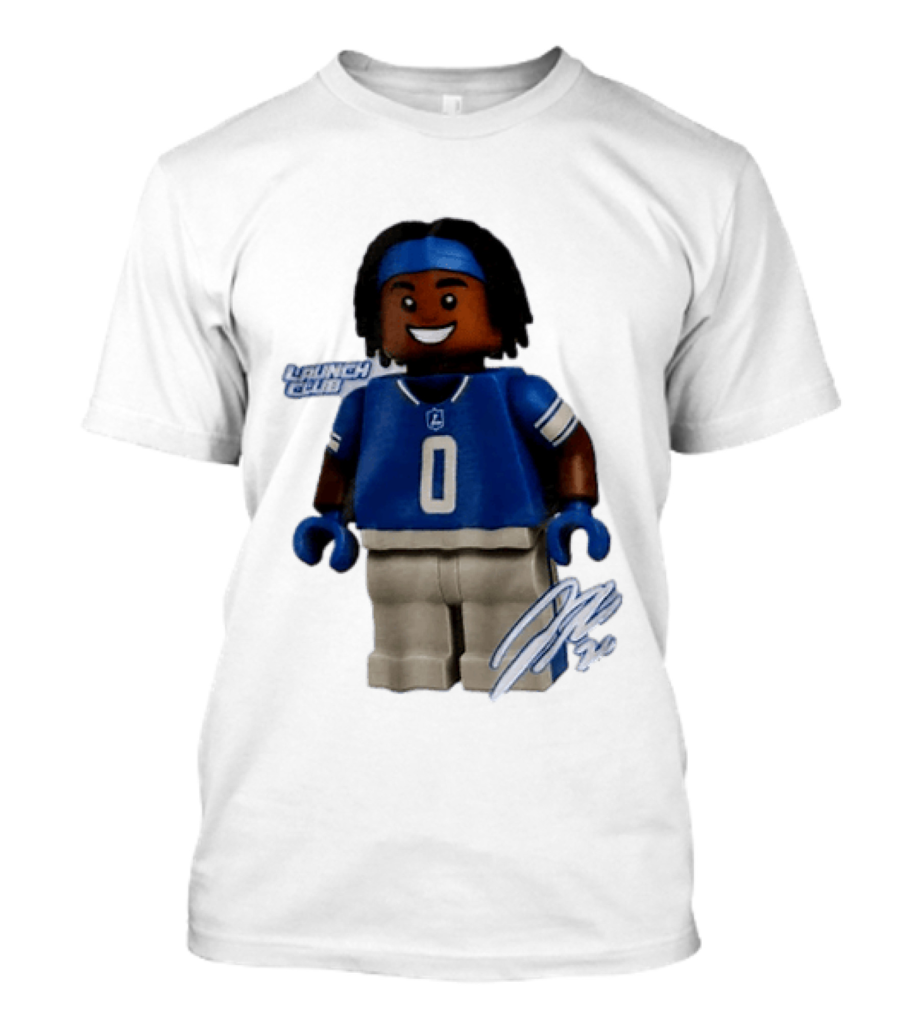 Detroit Lions Jahmyr Gibbs Lego Minifigure Launch Club Football Player T-Shirt