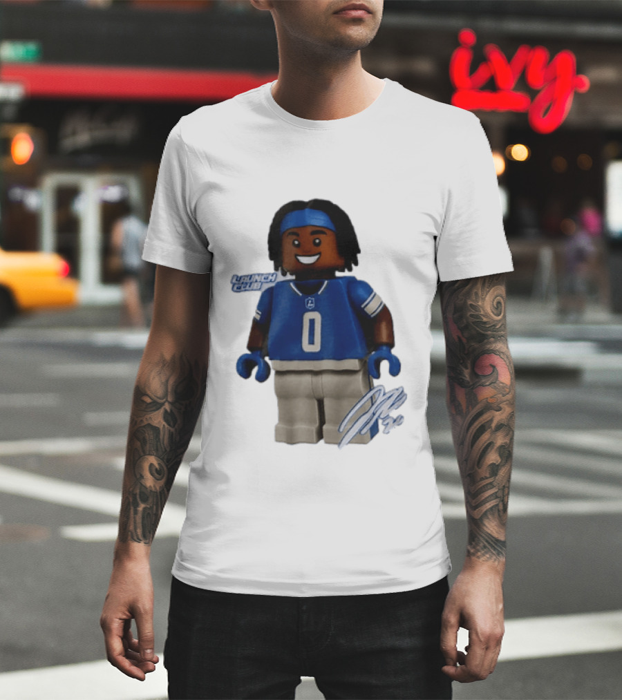 Detroit Lions Jahmyr Gibbs Lego Minifigure Launch Club Football Player T-Shirt