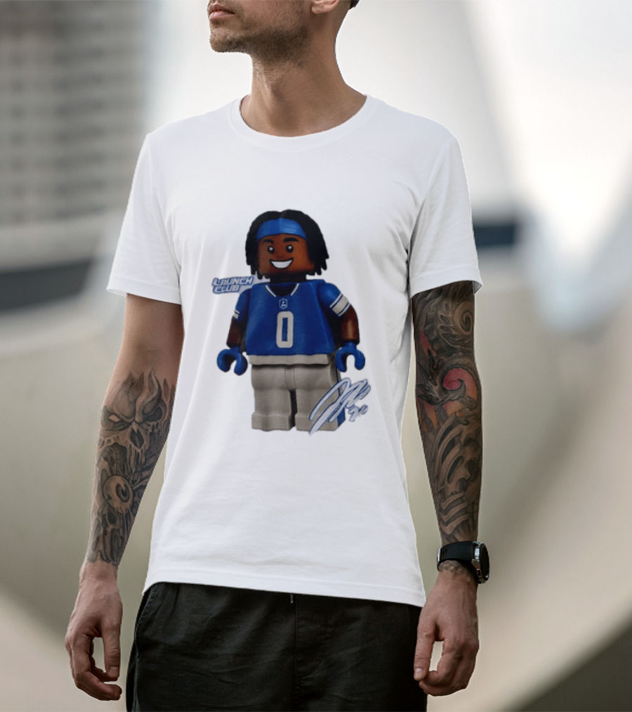 Detroit Lions Jahmyr Gibbs Lego Minifigure Launch Club Football Player T-Shirt