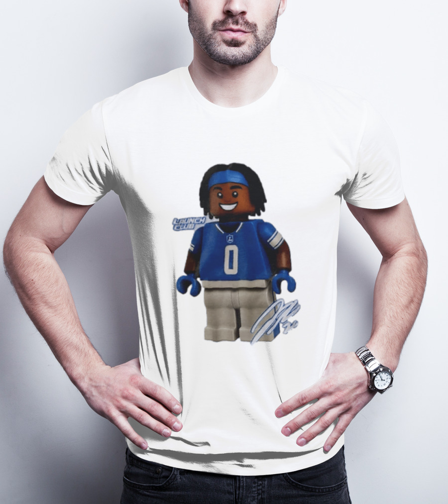Detroit Lions Jahmyr Gibbs Lego Minifigure Launch Club Football Player T-Shirt