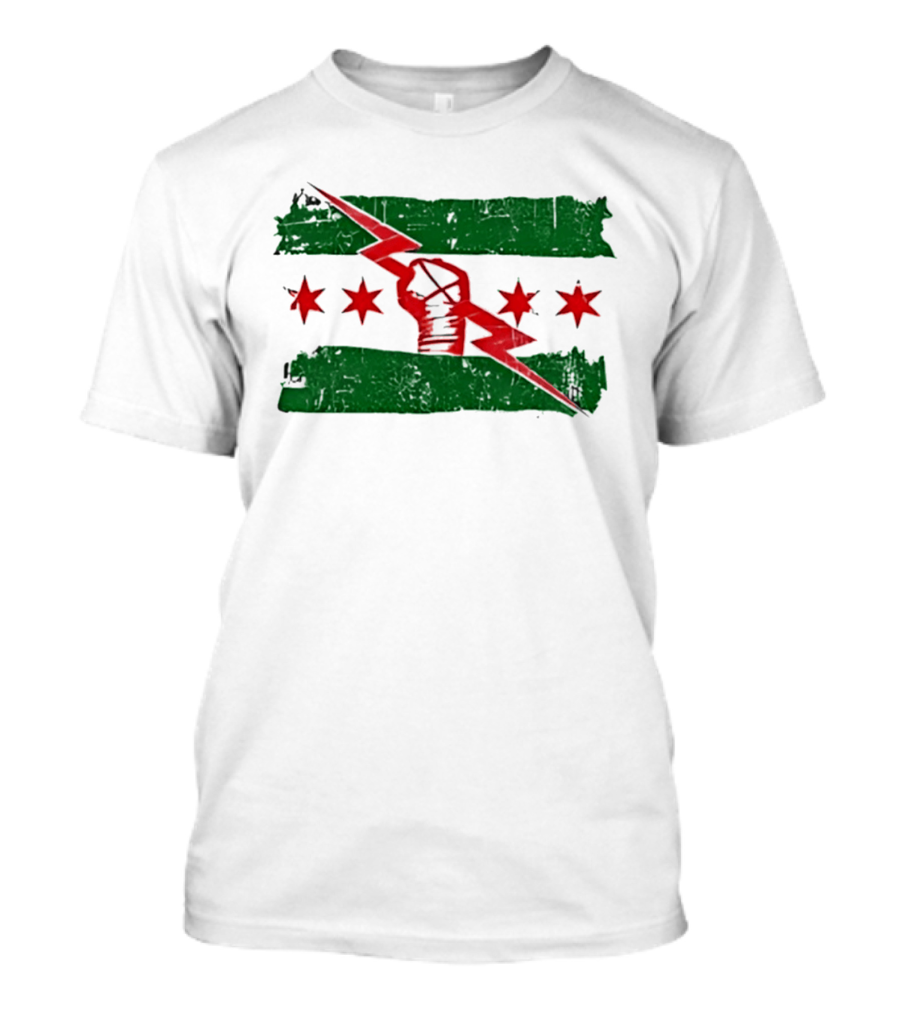 Chicago Flag Symbol Red Fist Lightning Bolt Green Distressed T-Shirt