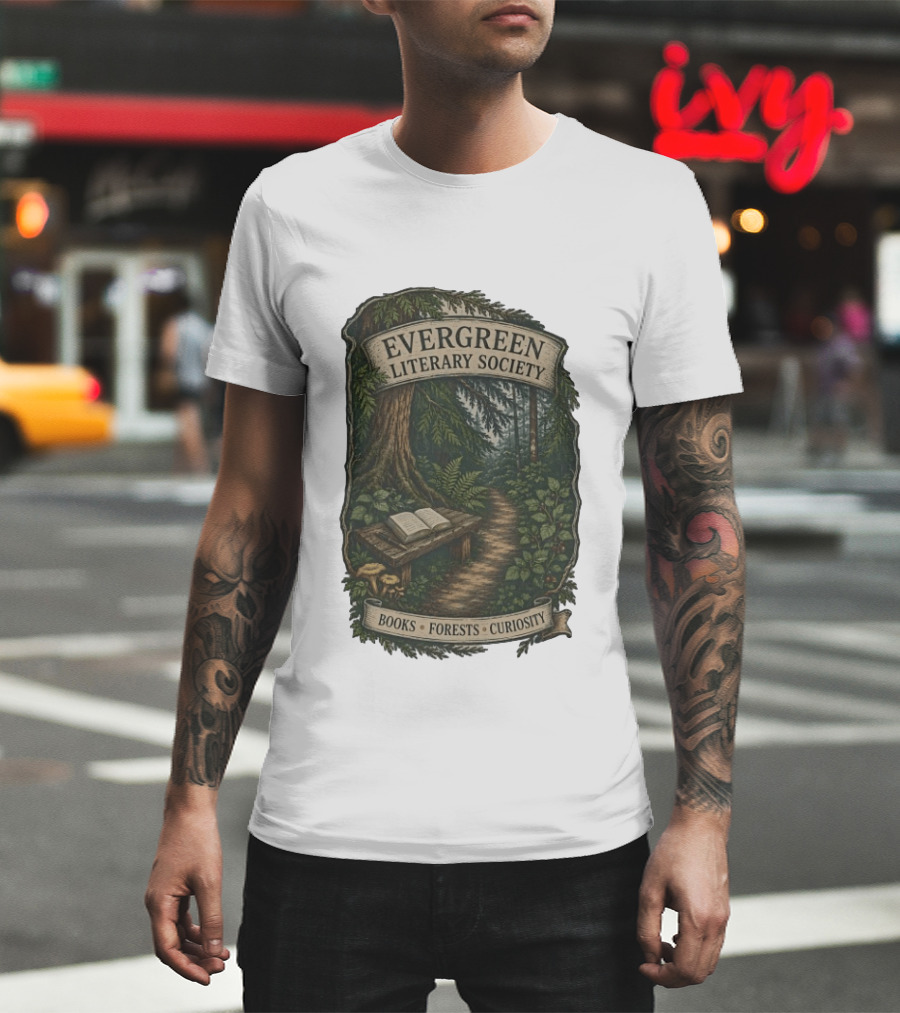 Evergreen Literary Society Books Forests Curiosity Pathway Through Trees T-Shirt
