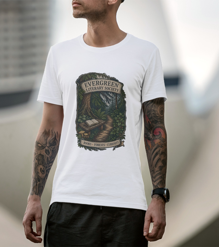 Evergreen Literary Society Books Forests Curiosity Pathway Through Trees T-Shirt