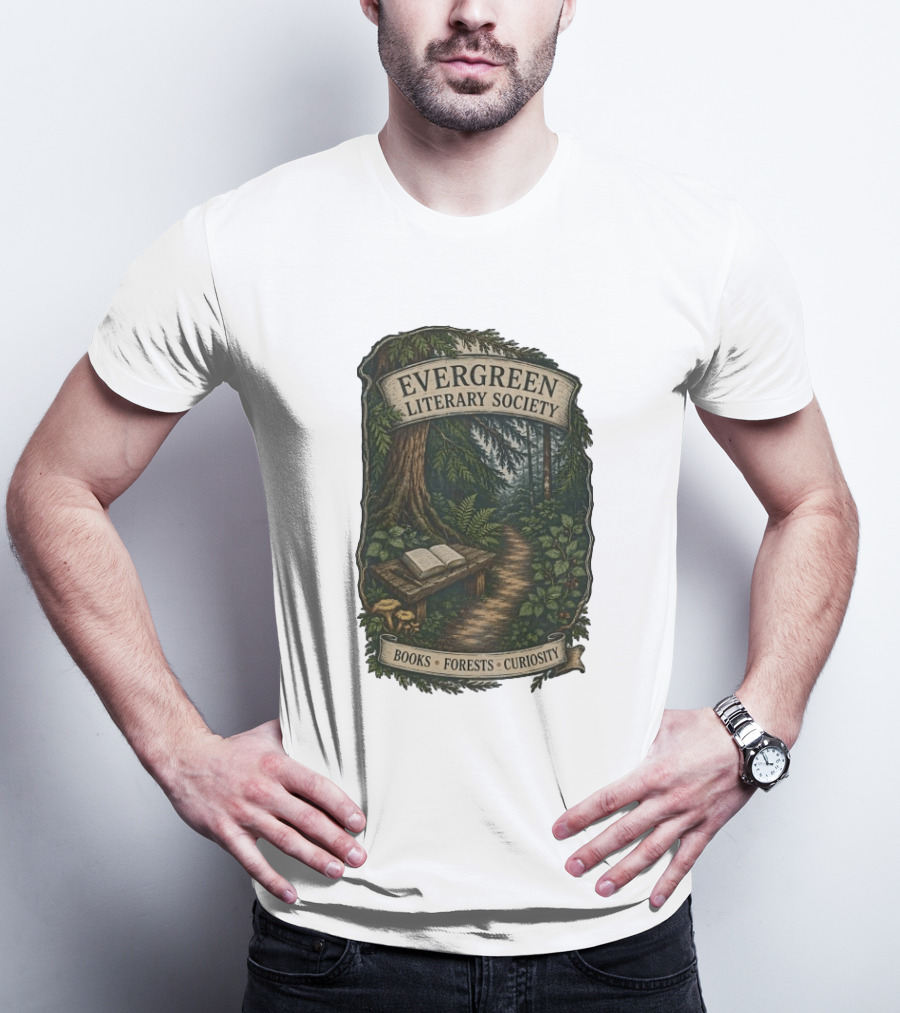 Evergreen Literary Society Books Forests Curiosity Pathway Through Trees T-Shirt