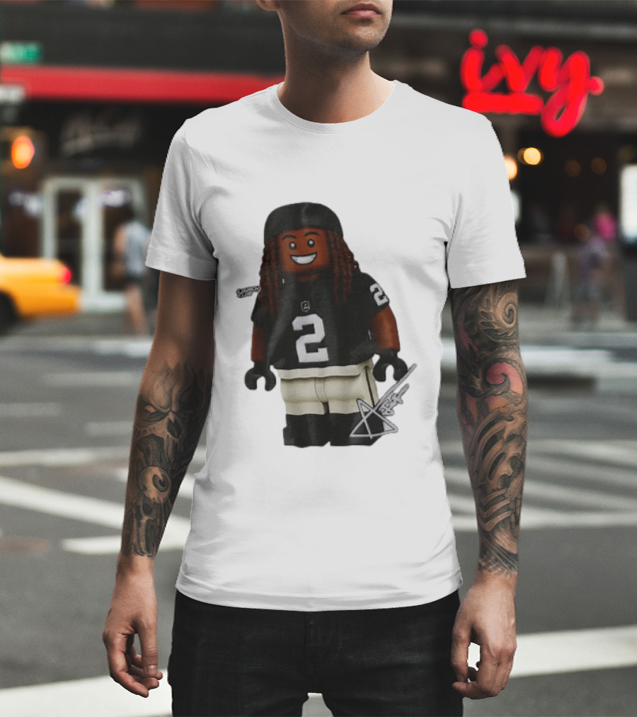 Las Vegas Raiders Running Back Ashton Jeanty 2 Lego Minifigure With Football Helmet T-Shirt