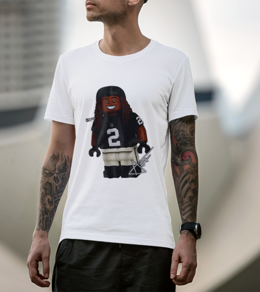 Las Vegas Raiders Running Back Ashton Jeanty 2 Lego Minifigure With Football Helmet T-Shirt