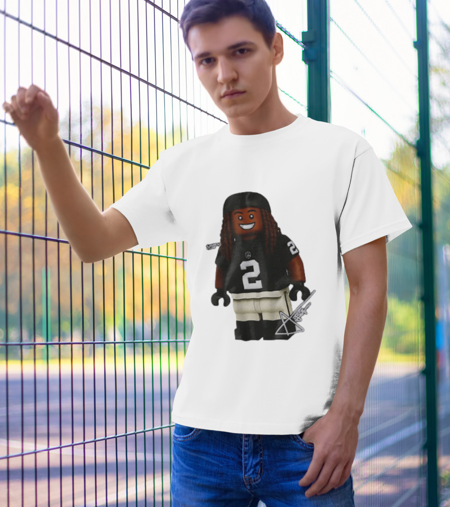 Las Vegas Raiders Running Back Ashton Jeanty 2 Lego Minifigure With Football Helmet T-Shirt