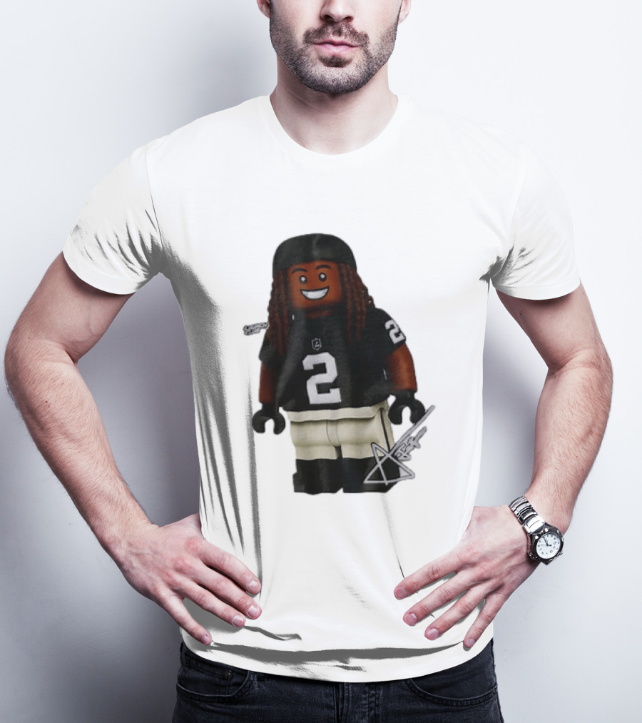 Las Vegas Raiders Running Back Ashton Jeanty 2 Lego Minifigure With Football Helmet T-Shirt
