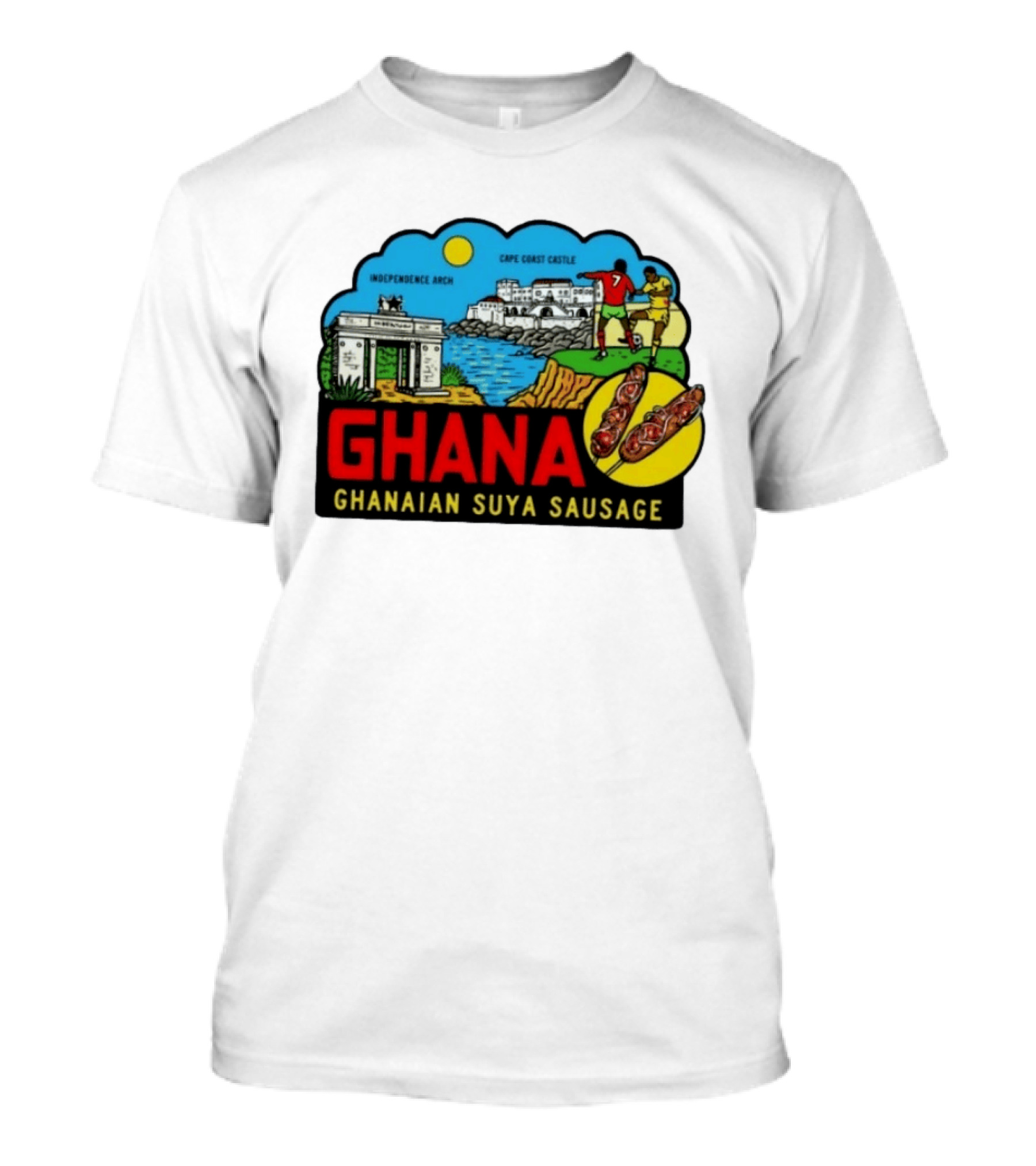 Ghana Cape Coast Castle Independence Arch Ghanaian Suya Sausage Soccer Scene T-Shirt