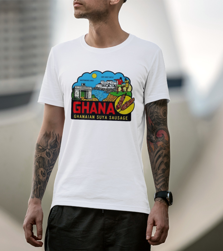 Ghana Cape Coast Castle Independence Arch Ghanaian Suya Sausage Soccer Scene T-Shirt