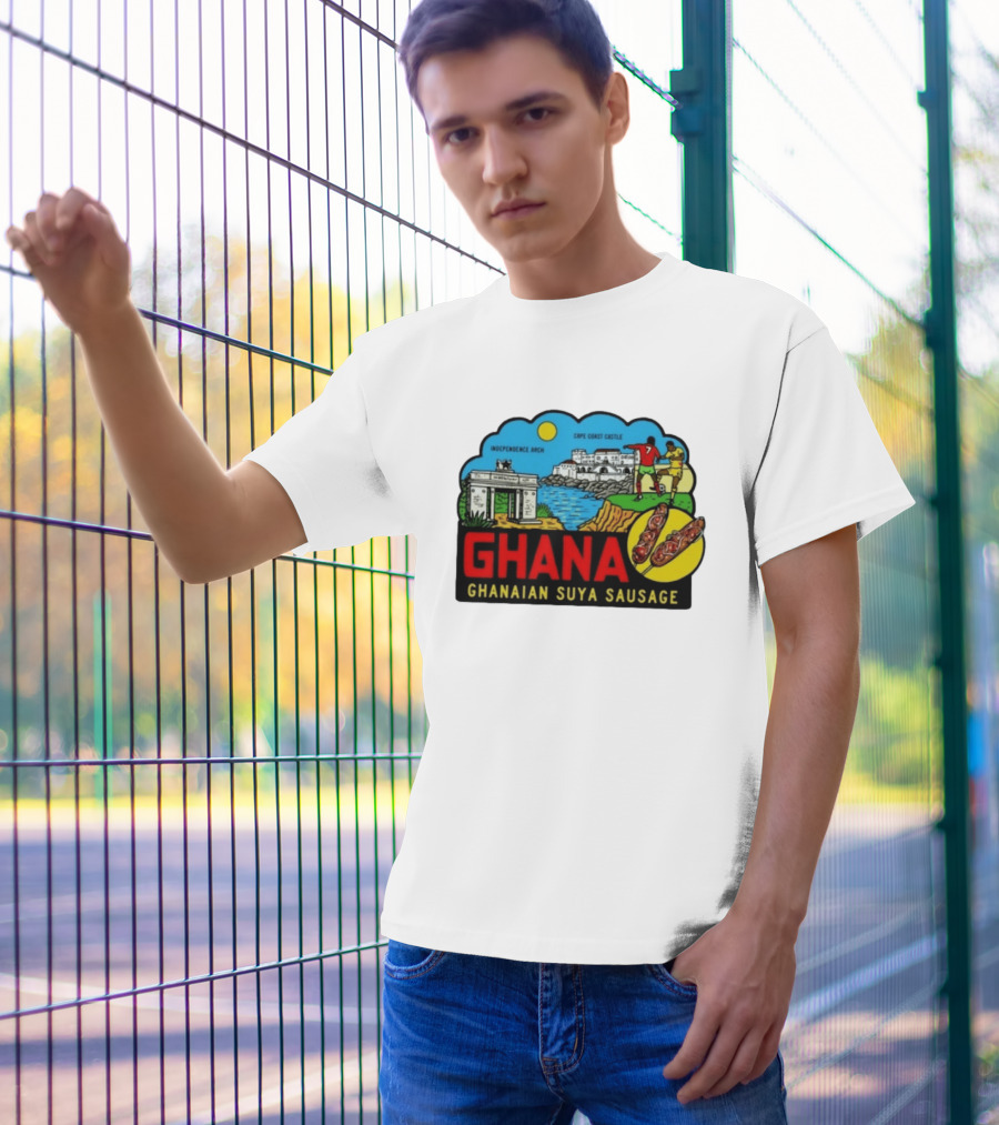 Ghana Cape Coast Castle Independence Arch Ghanaian Suya Sausage Soccer Scene T-Shirt