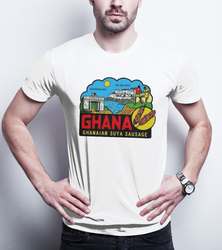 Ghana Cape Coast Castle Independence Arch Ghanaian Suya Sausage Soccer Scene T-Shirt