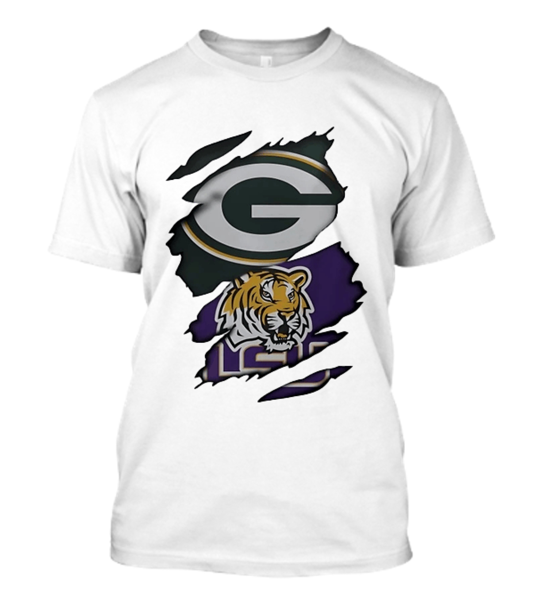 Green Bay Packers G Logo And LSU Tigers Purple And Gold Torn Fabric T-Shirt