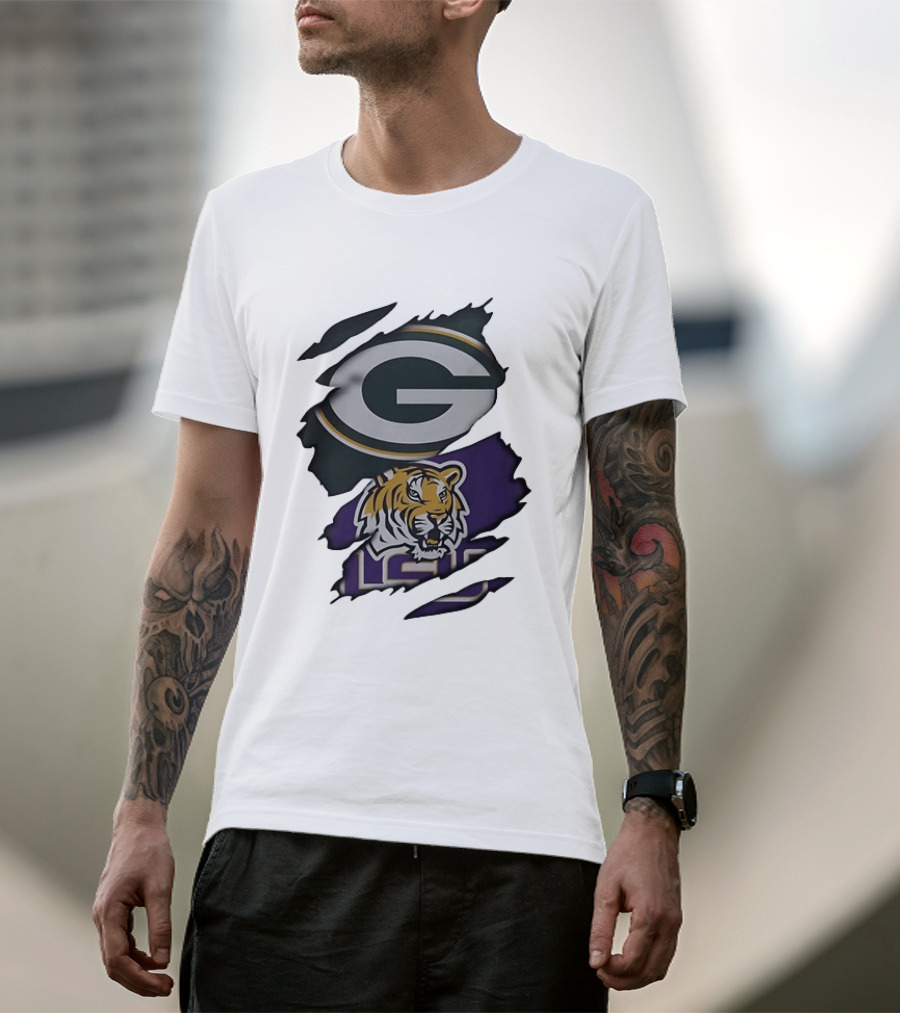 Green Bay Packers G Logo And LSU Tigers Purple And Gold Torn Fabric T-Shirt