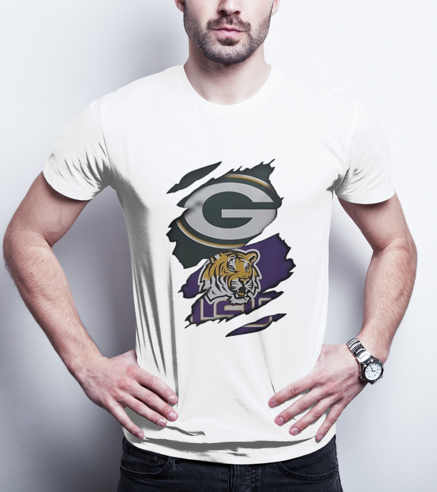 Green Bay Packers G Logo And LSU Tigers Purple And Gold Torn Fabric T-Shirt