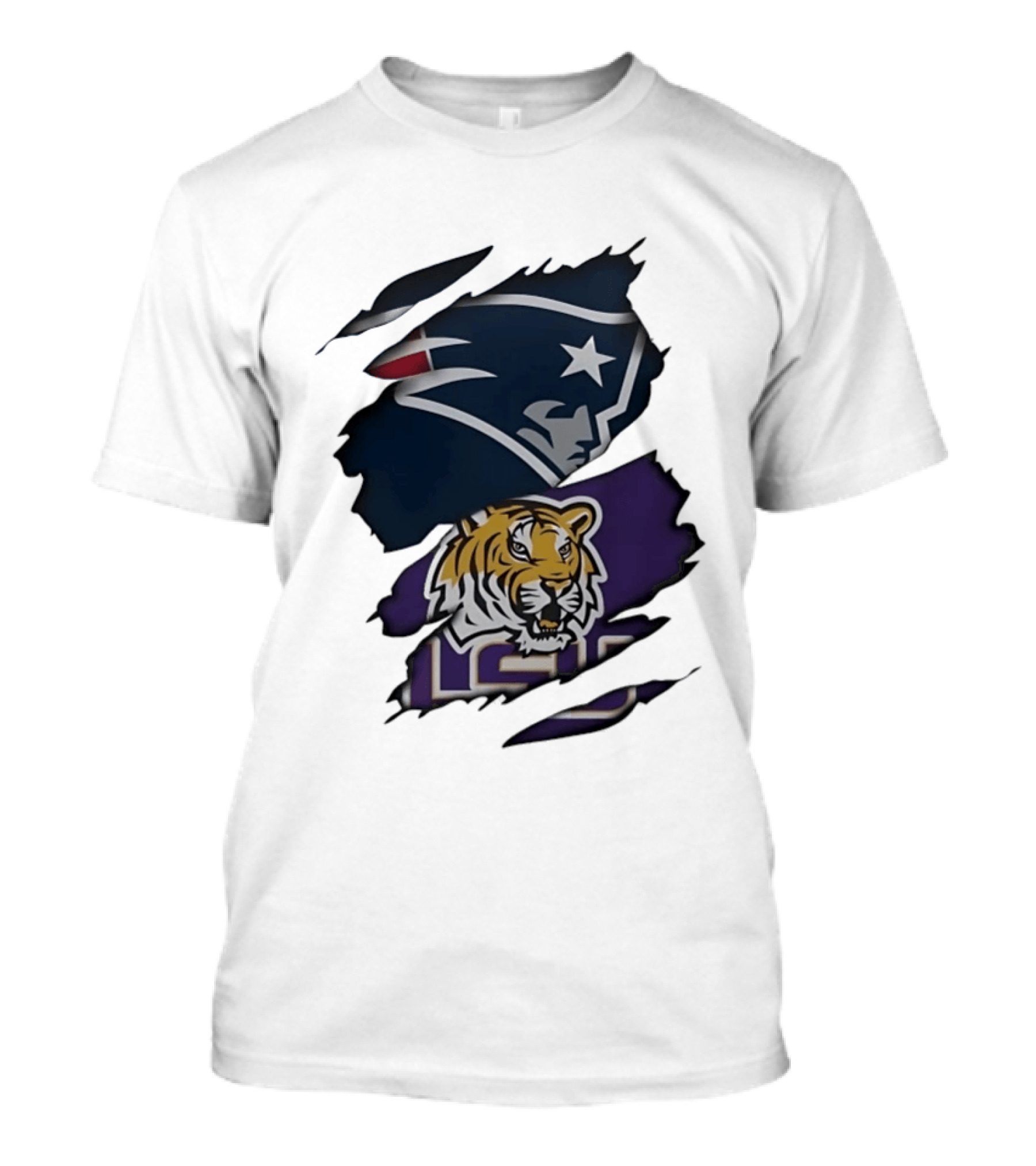 New England Patriots LSU Tigers Torn Fabric Tiger And Patriot Head Logos T-Shirt