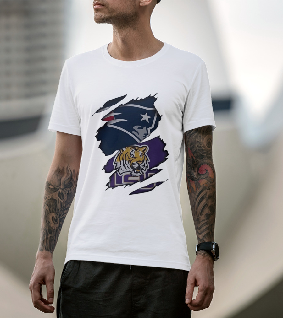 New England Patriots LSU Tigers Torn Fabric Tiger And Patriot Head Logos T-Shirt