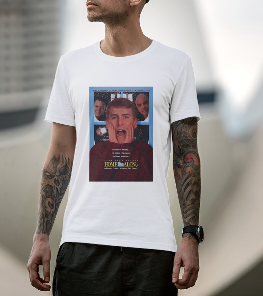 Home Alone But Don't Worry He Cooks He Cleans He Kicks Some Butt John Hughes Movie Kevin McCallister T-Shirt